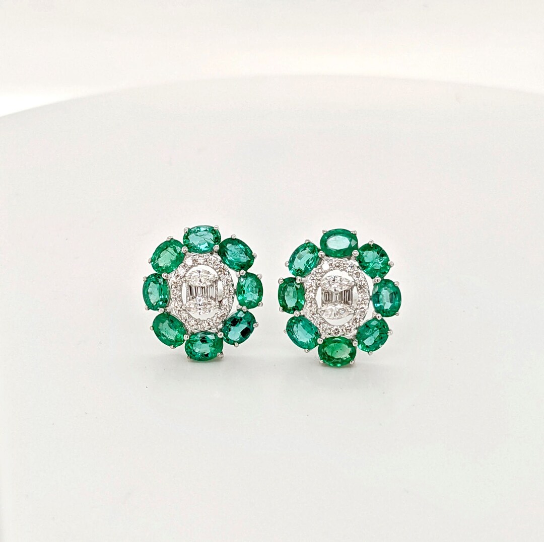 Columbian Emerald With Diamond 18kt White Gold Large Statement Stud ...