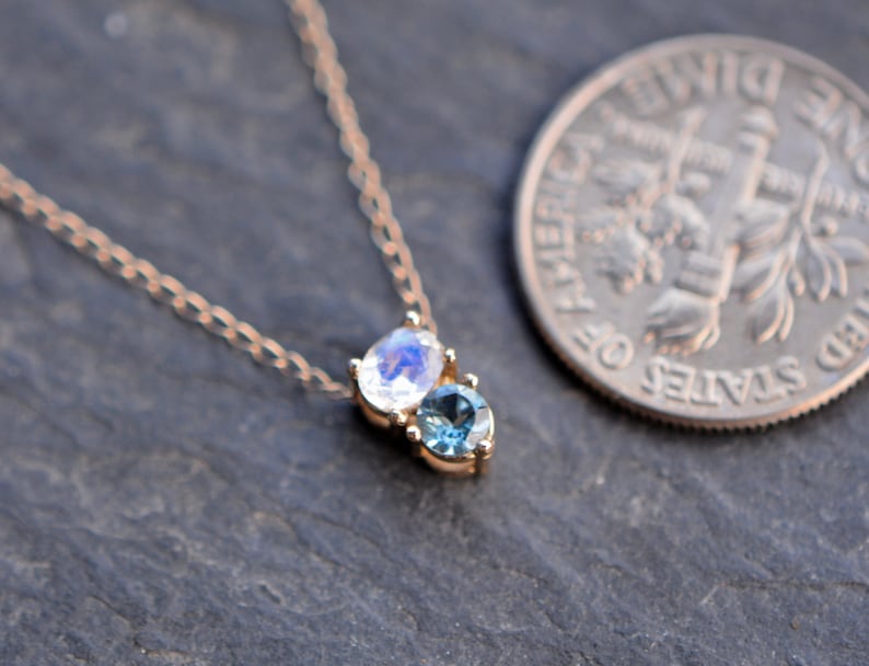 Teal Montana Sapphire™ & Rainbow Moonstone 14k Gold Dainty | Etsy