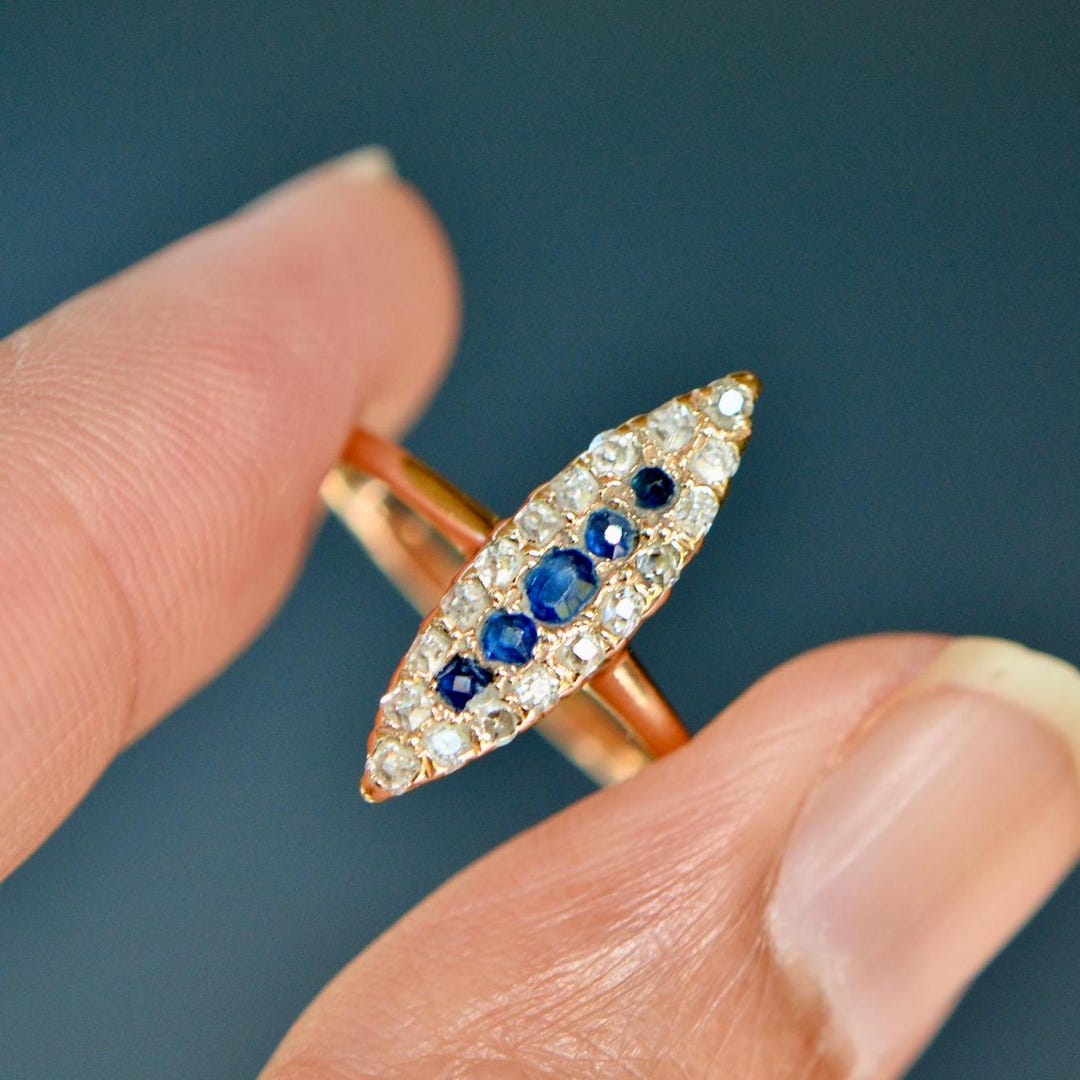 Antique Marquise Navette Cluster Ring Sapphire & Salt Pepper Diamond ...
