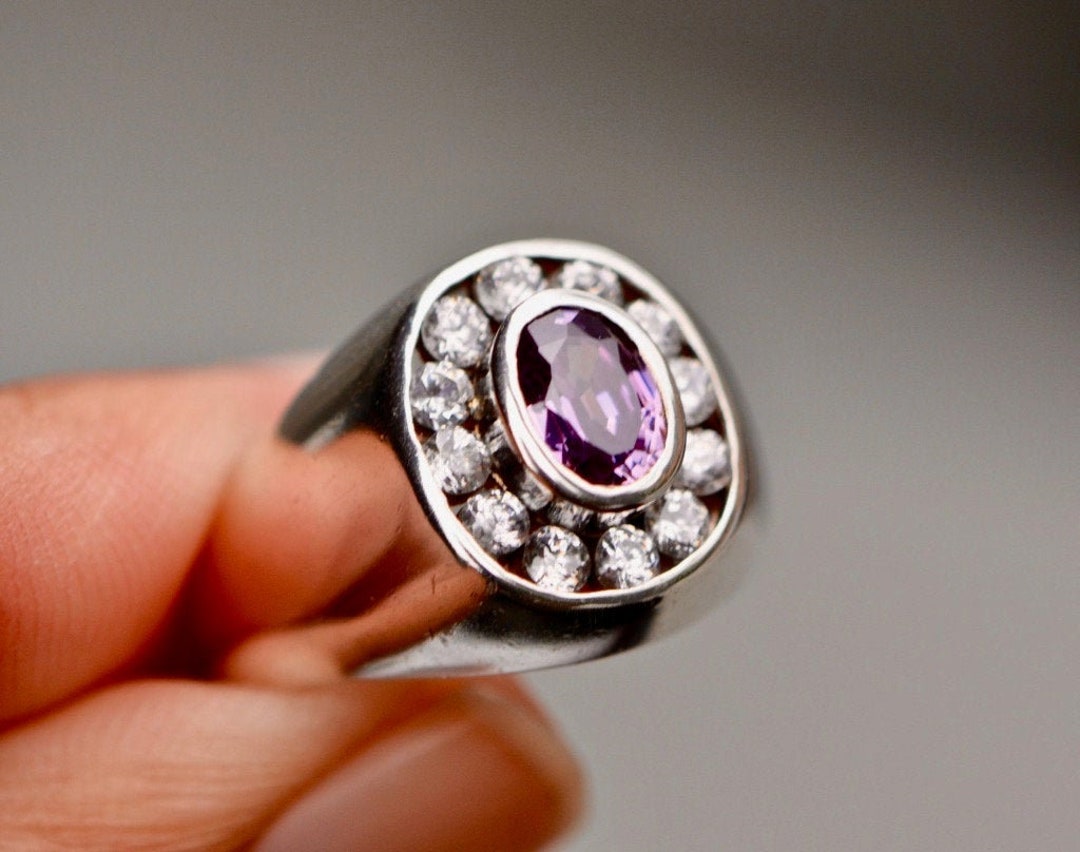 Signet Ring for Men With Amethyst & CZ, Sterling Silver Ring, February ...