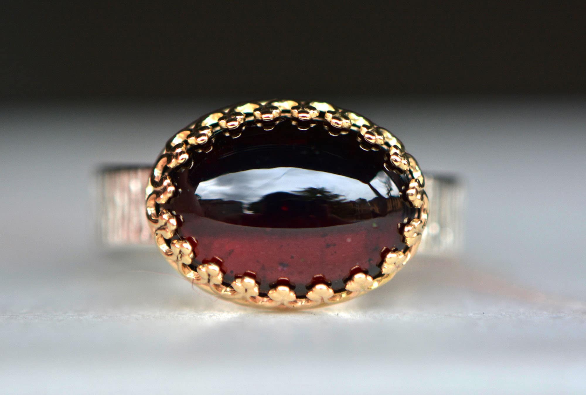 Garnet Cabochon Ring in 14k Gold & Sterling Silver Size 7 | Etsy