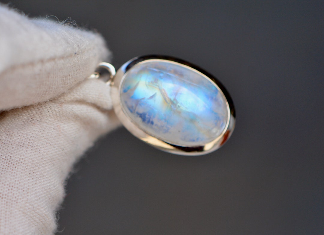 Large Rainbow Moonstone Necklace Sterling Silver, Oval Blue Moonstone ...