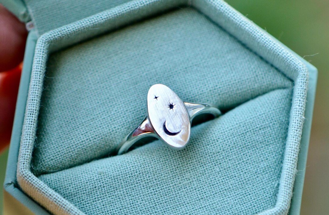 Star and Moon Signet Ring Sterling Silver, Statement Ring, Everyday Ring, Celestial Signet Ring ...
