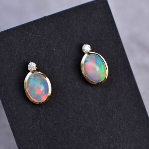 Genuine White Ethiopian Opal Diamond Stud Earrings 14k Gold, October Birthstone Post Earring ...