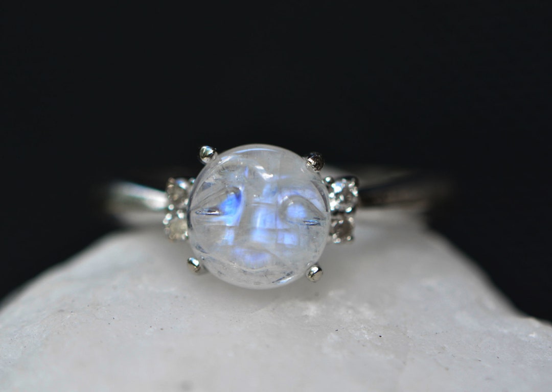 Blue Moonstone Face & Diamond Ring 10k White Gold, June Birthstone Ring ...
