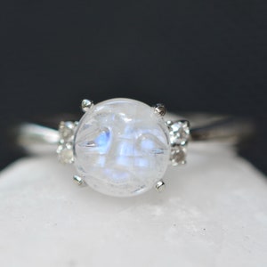 Blue Moonstone Face & Diamond Ring 10k White Gold, June Birthstone Ring ...