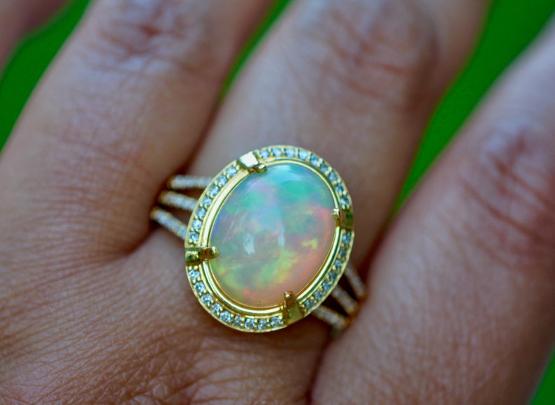 Opal Diamond Halo Statement Ring Solid 14k Gold Ring : October ...