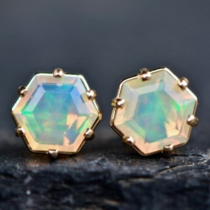 Genuine Opal Hexagon Stud Earrings, 14k Gold Ethiopian Opal Stud Earrings, October Birthstone ...
