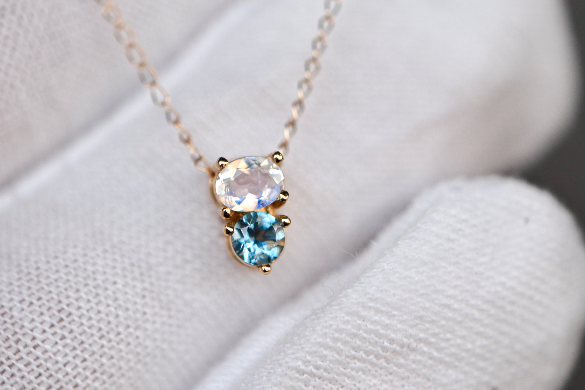 Teal Montana Sapphire™ & Rainbow Moonstone 14k Gold Dainty | Etsy