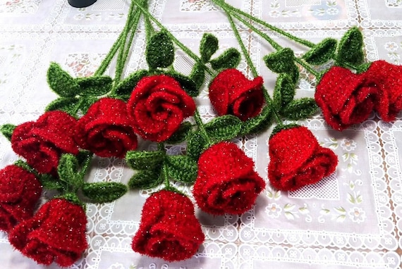 Handmade Crochet Red Rose Flowers Rose Bouquet Decorative | Etsy
