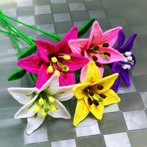 Handmade Crochet Simulation Lily Flowers With Bud Bouquet 1 - Etsy