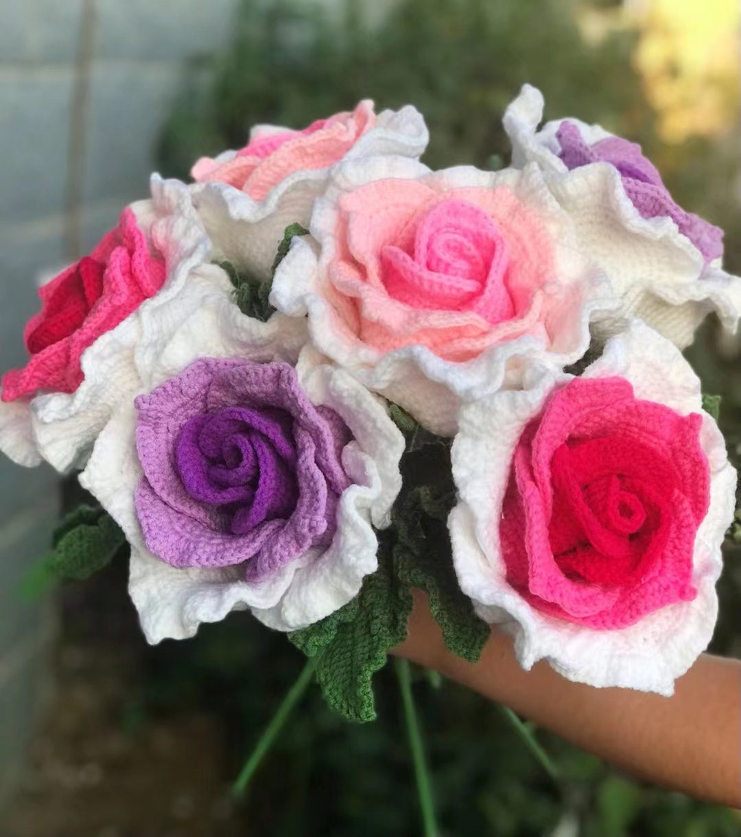 Handmade Crochet Knitted Simulation Big Rose Flowers Bouquet ...