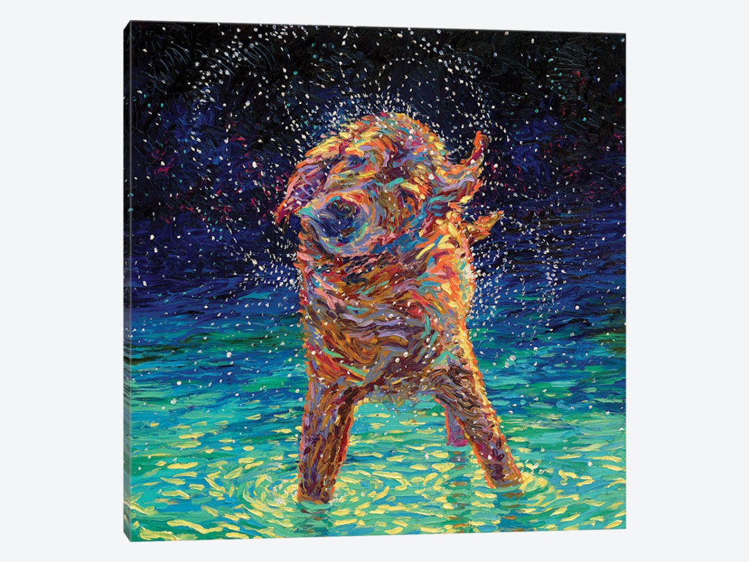 Golden Retriever Art, Yellow Labrador Art Print, Moonlight Swim, Canvas ...
