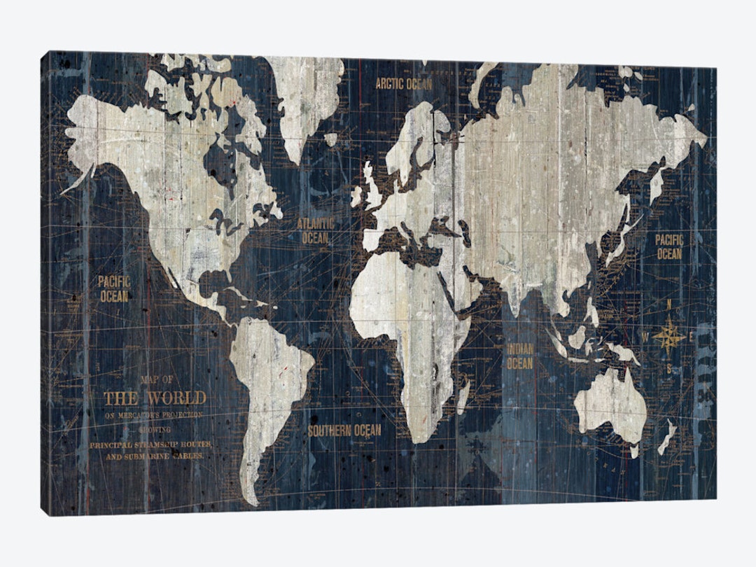 World Map Art Print, World Canvas Art, Vintage Rustic World Map Art ...