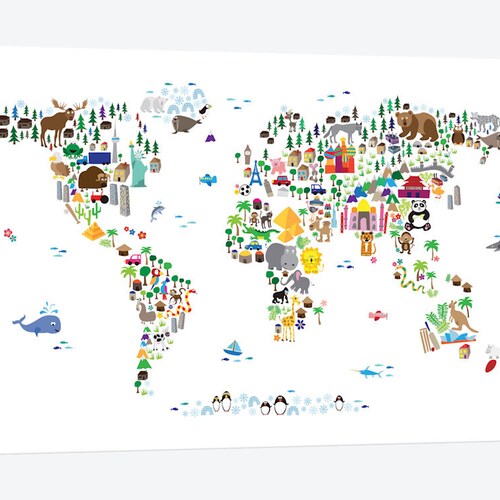 Animal World Map Nursery Baby Room Decor Kids World Map Map - Etsy