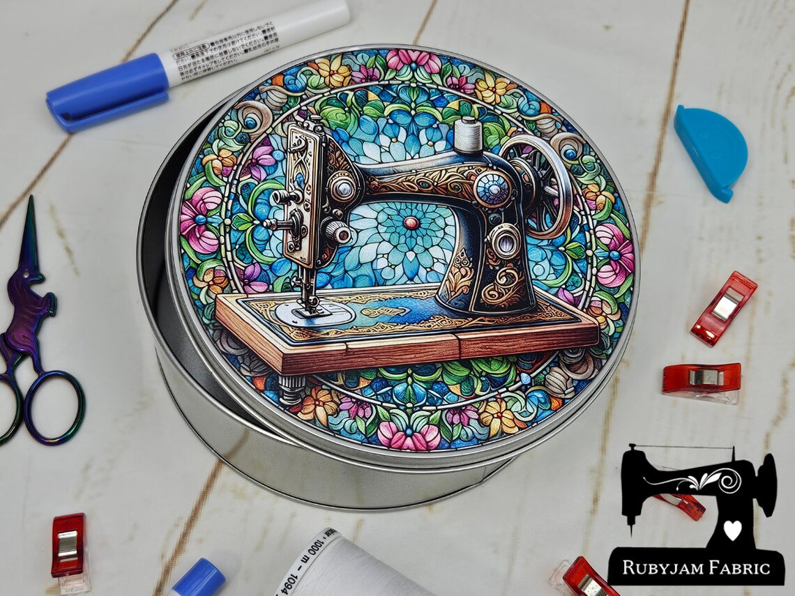 Stained Glass, Sewing Machine, Sew, Sewing, Theme, Round, Storage, Tin ...