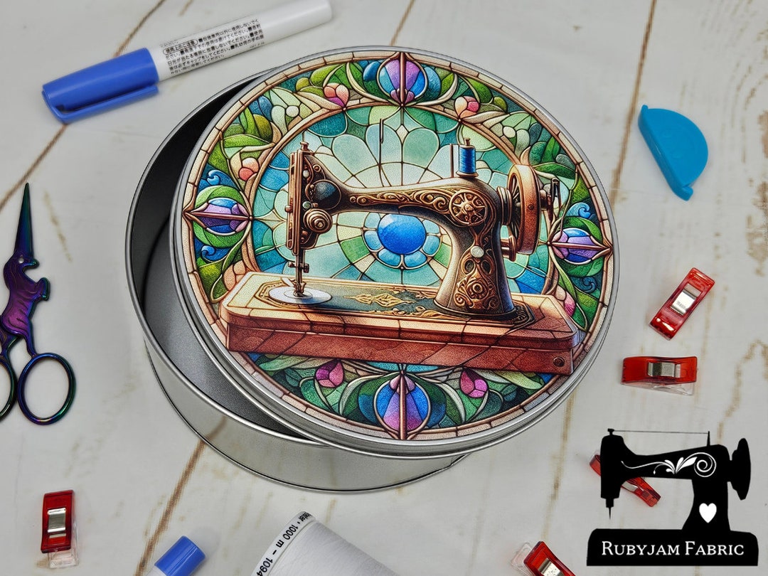 Stained Glass, Sewing Machine, Sew, Sewing, Theme, Round, Storage, Tin ...
