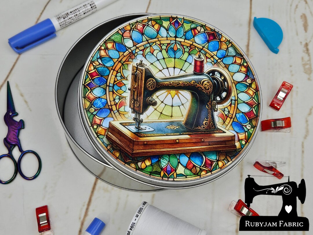 Stained Glass, Sewing Machine, Sew, Sewing, Theme, Round, Storage, Tin ...