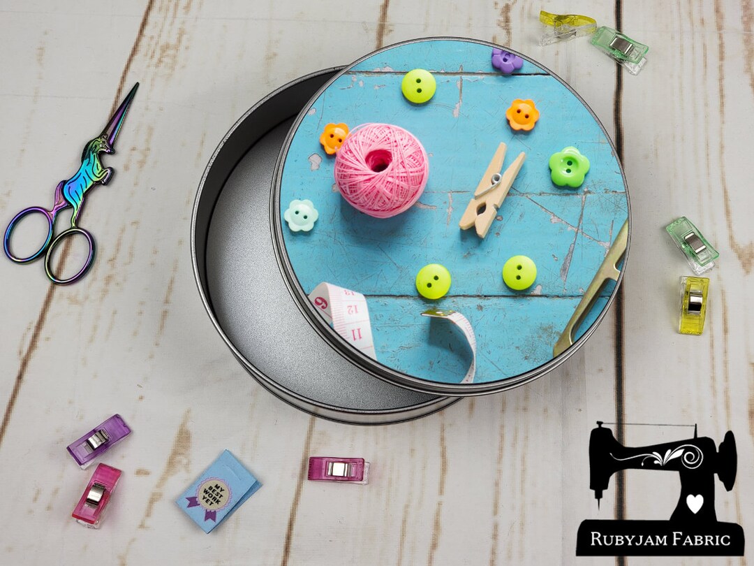Sewing Notions, Blue, Sew, Sewing, Theme, Round, Storage, Tin, Empty ...