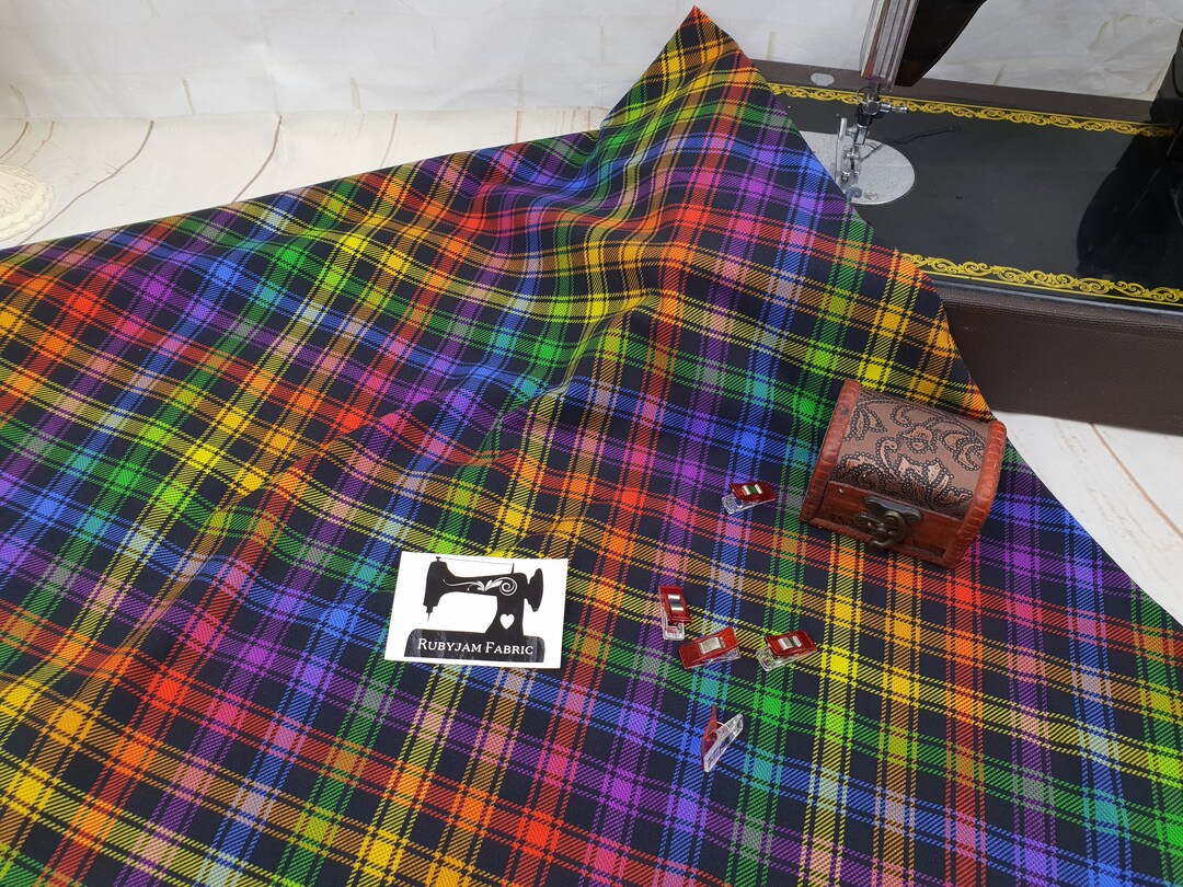 Rainbow Tartan Fabric, Rainbow Plaid Fabric, Cotton Spandex, Custom Knit, Fabric, Knit Fabric ...