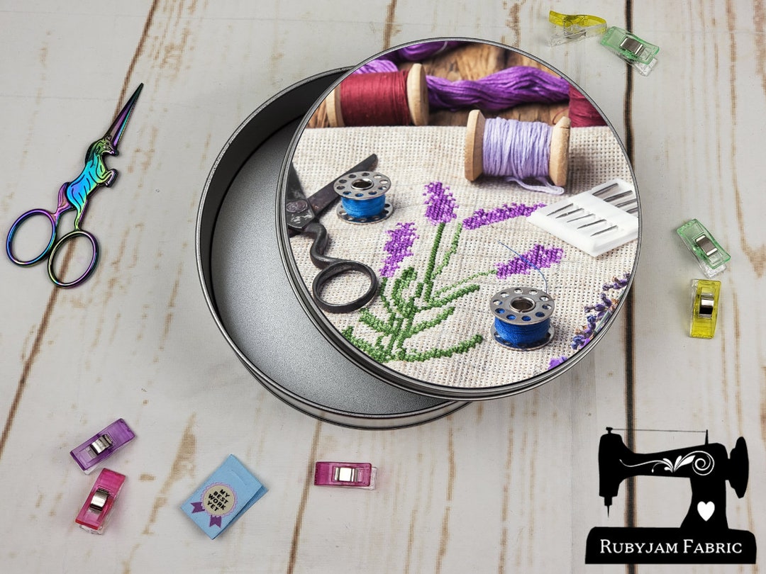Embroidery, Lavender, Sew, Sewing, Theme, Round, Storage, Tin, Empty ...