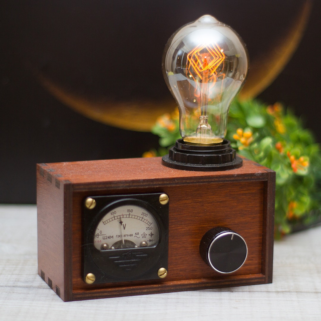 Voltmeter Wood Lamp With Edison Bulb. Original Meter and Dimmer. Gift ...