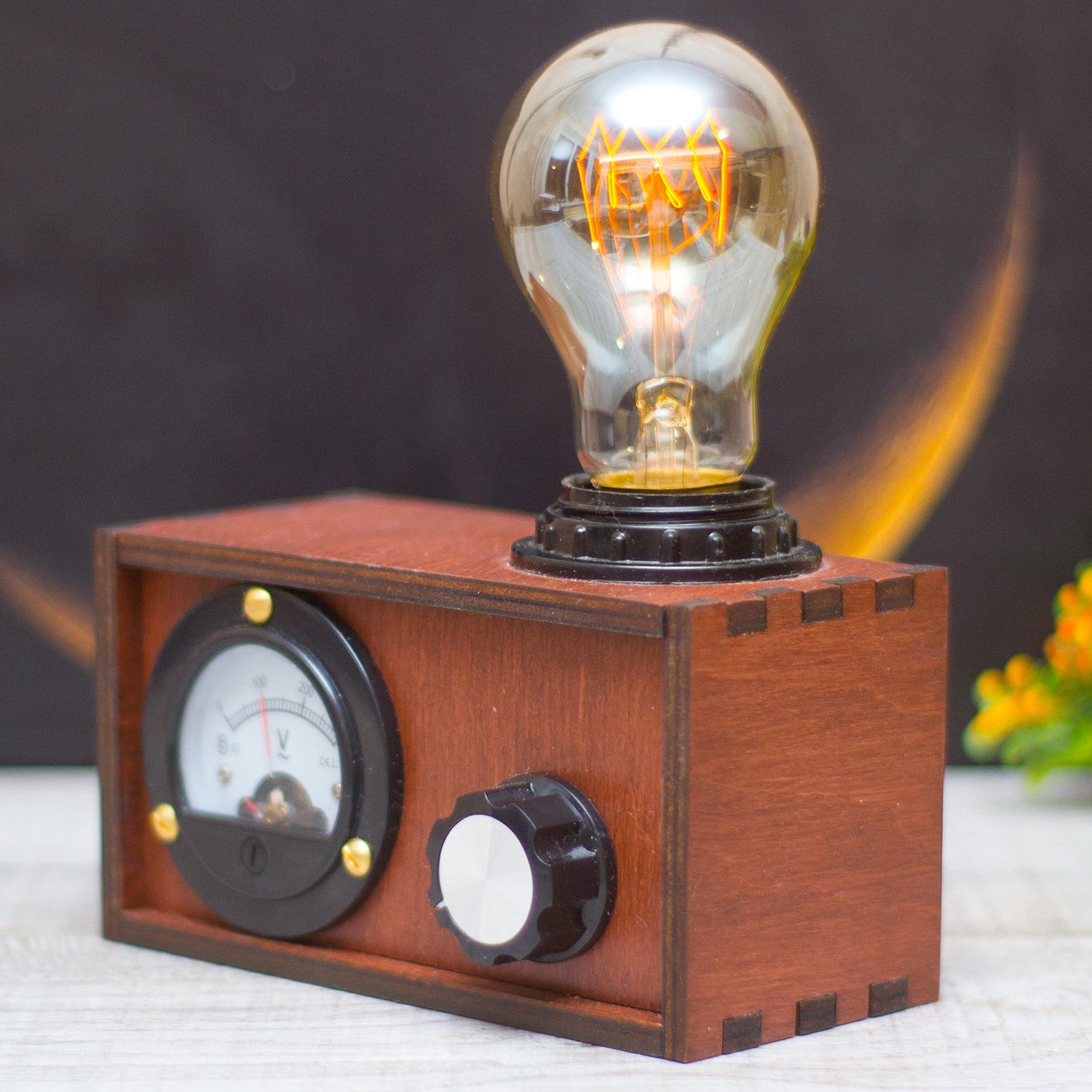 Voltmeter Wood Lamp With Edison Bulb. Original Meter and Dimmer. Gift ...