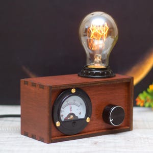 Voltmeter Wood Lamp With Edison Bulb. Original Meter and Dimmer. Gift ...