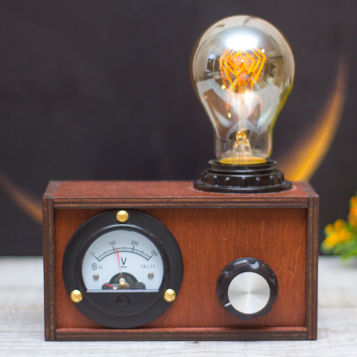 Voltmeter Wood Lamp With Edison Bulb. Original Meter and Dimmer. Gift ...