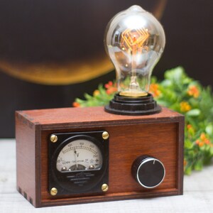Voltmeter Wood Lamp With Edison Bulb. Original Meter and Dimmer. Gift ...