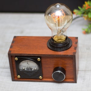 Voltmeter Wood Lamp With Edison Bulb. Original Meter and Dimmer. Gift ...