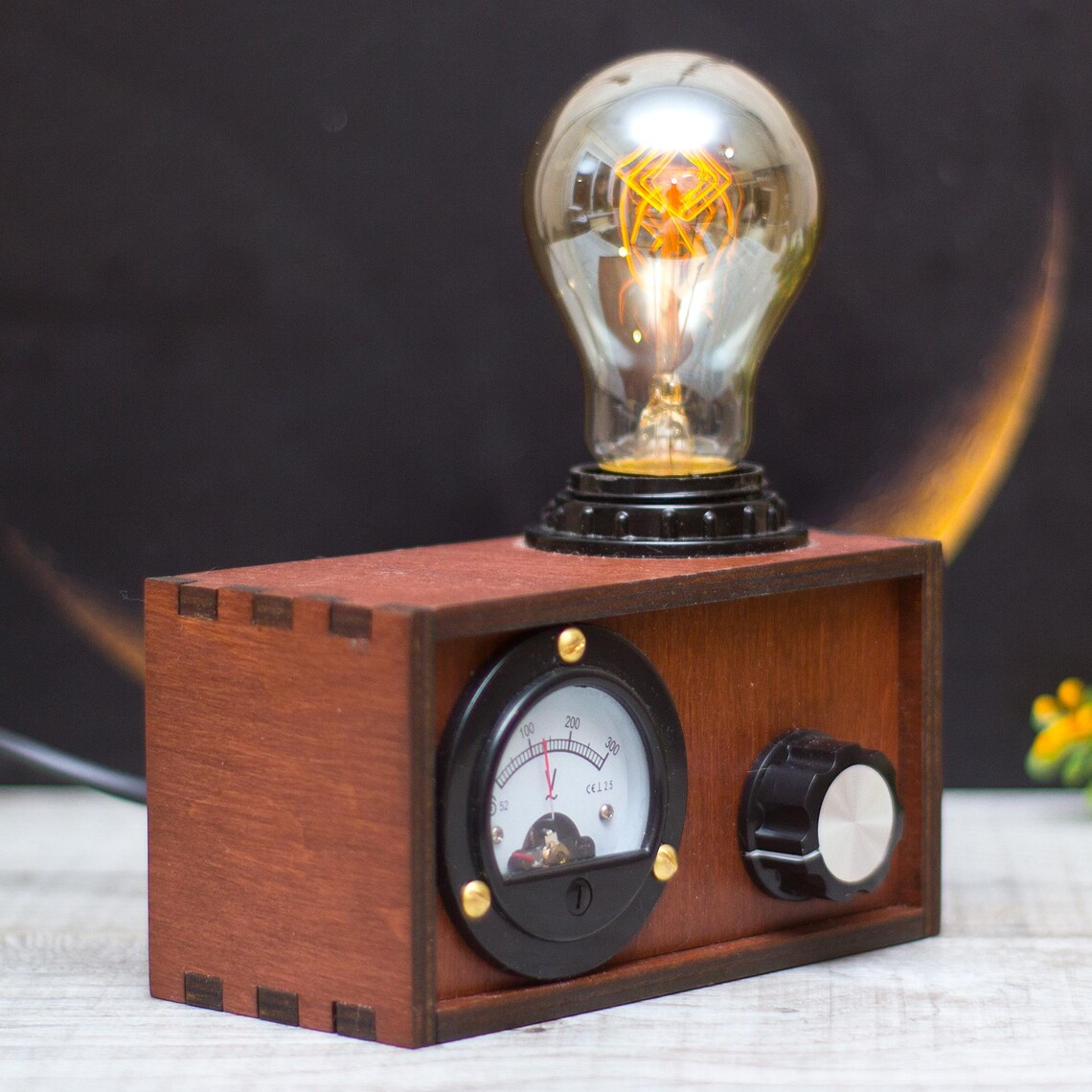 Voltmeter Wood Lamp With Edison Bulb. Original Meter and Dimmer. Gift ...