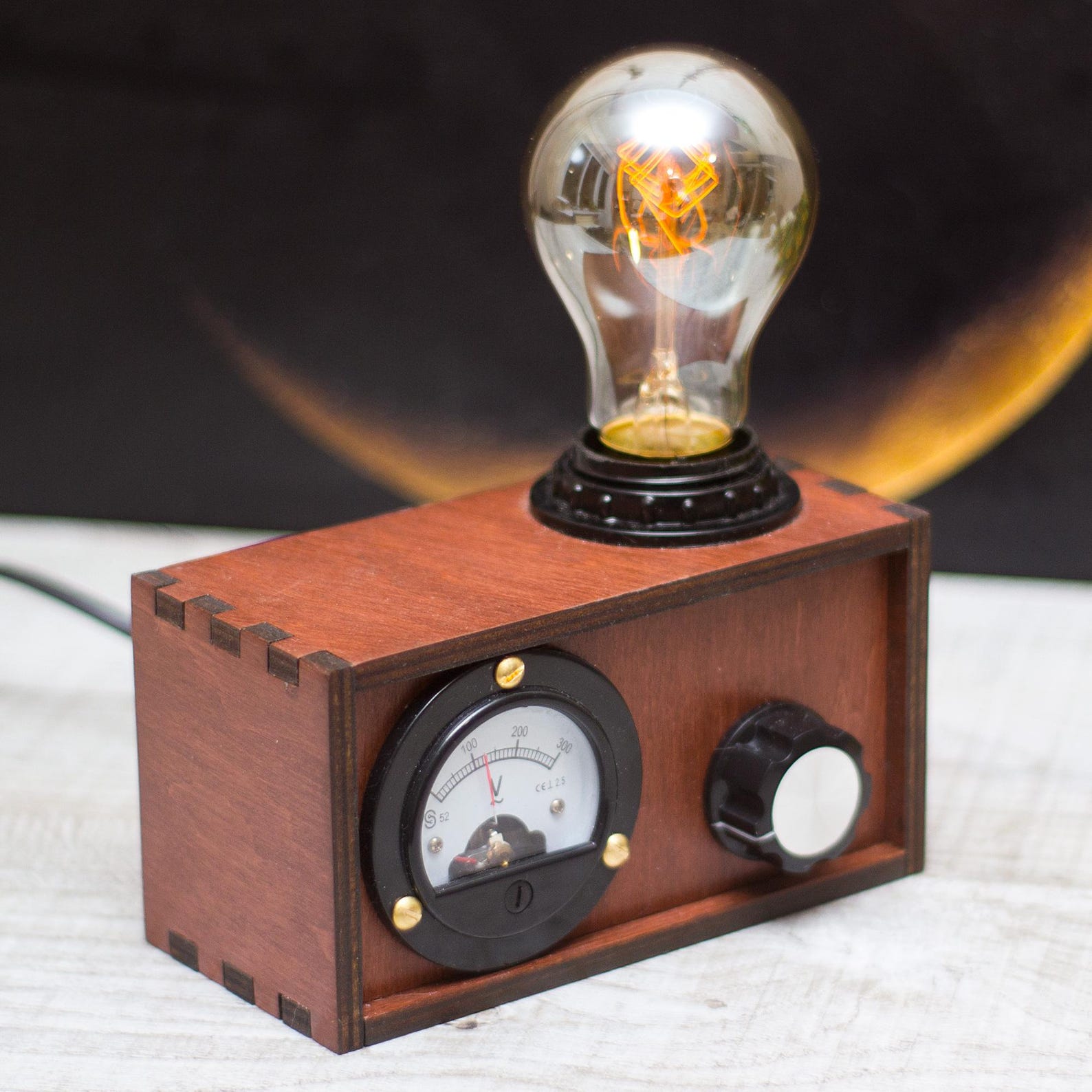 Voltmeter Wood Lamp With Edison Bulb. Original Meter and Dimmer. Gift ...