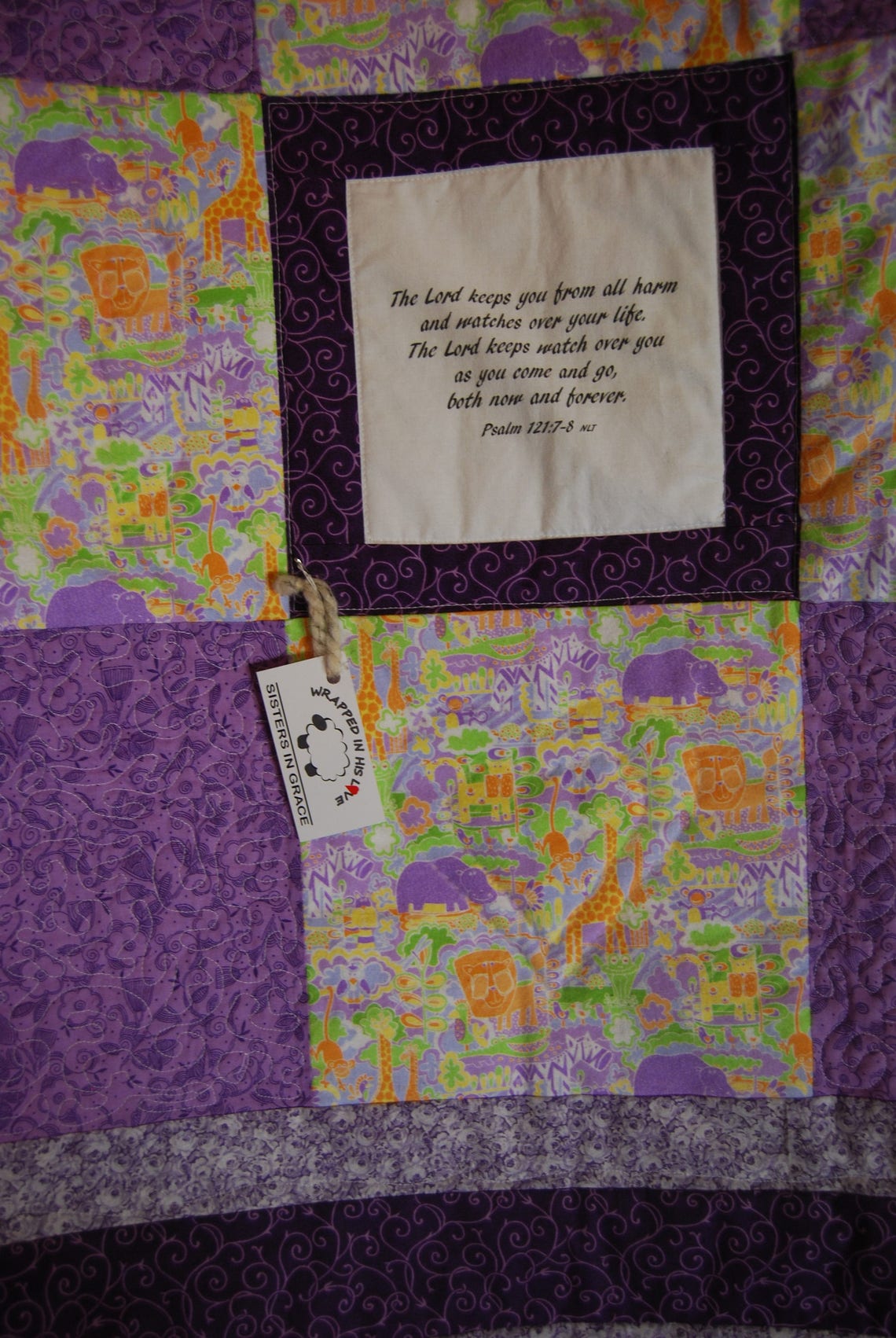 Scripture Quilt, Baby Toddler Nursery Blanket, Purple Zoo Jungle ...