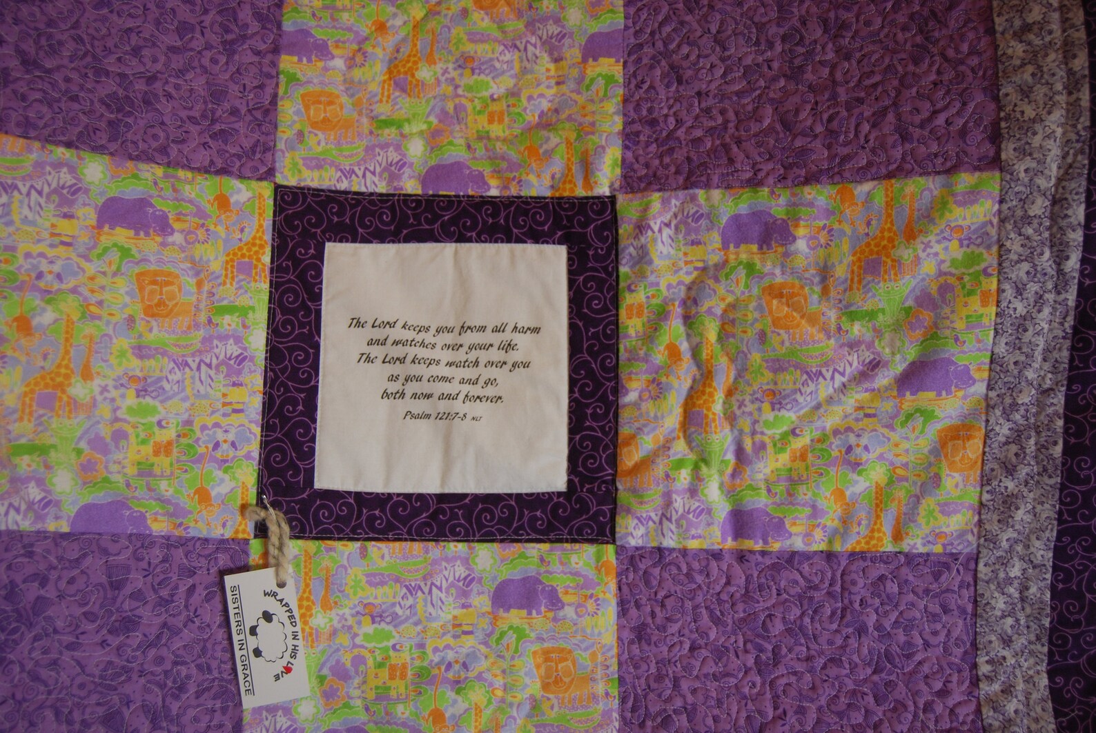 Scripture Quilt, Baby Toddler Nursery Blanket, Purple Zoo Jungle ...