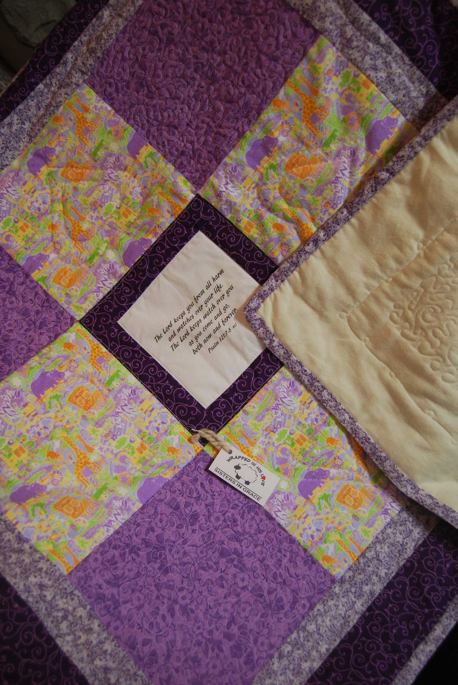 Scripture Quilt, Baby Toddler Nursery Blanket, Purple Zoo Jungle ...