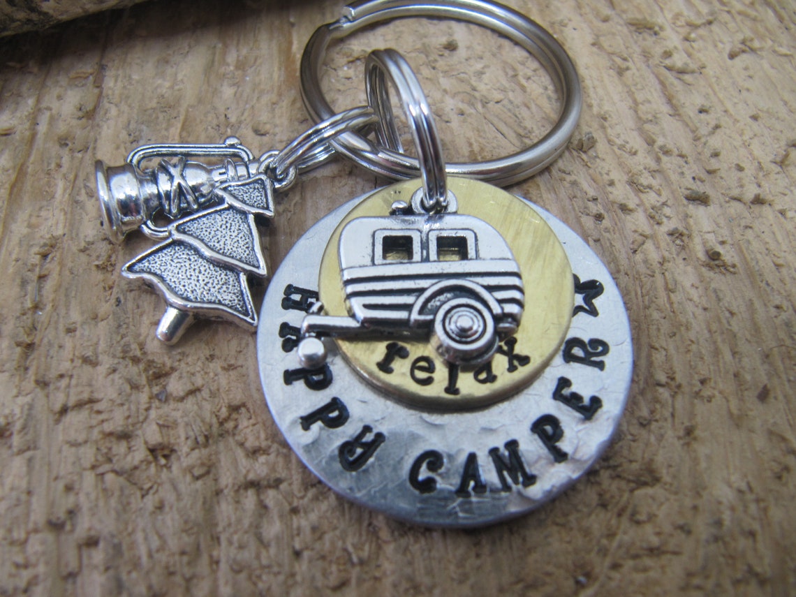 Hand Stamped Key Chainhappy Camper Key Chain Camper Keys - Etsy