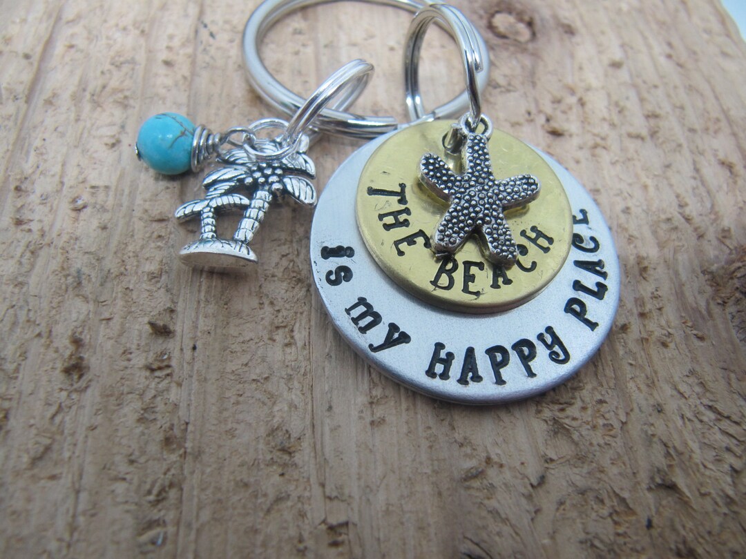 The Beach is My Happy Place, Hand Stamped Key Chain, Beach Key Chain ...