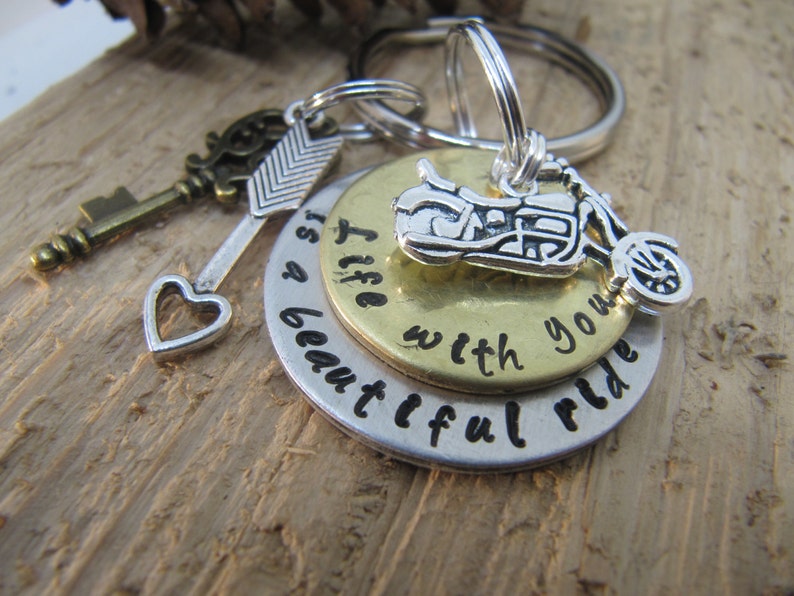 Hand stamped key chain motorcycle key chain anniversary | Etsy