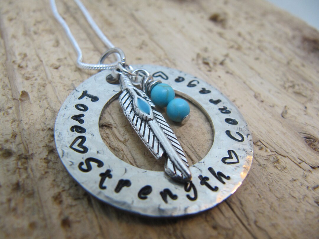 Hand Stamped Necklace, Love, Strength ,courage Necklace, Motivational ...