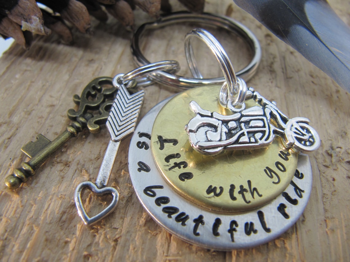 Hand stamped key chain motorcycle key chain anniversary | Etsy