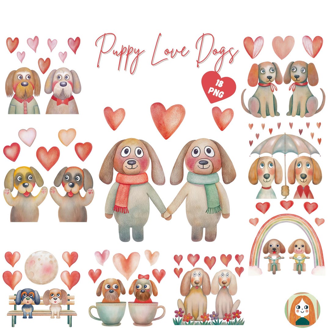 Watercolor Puppy Love Clipart Set: Romantic Valentine's Day Dog Designs ...
