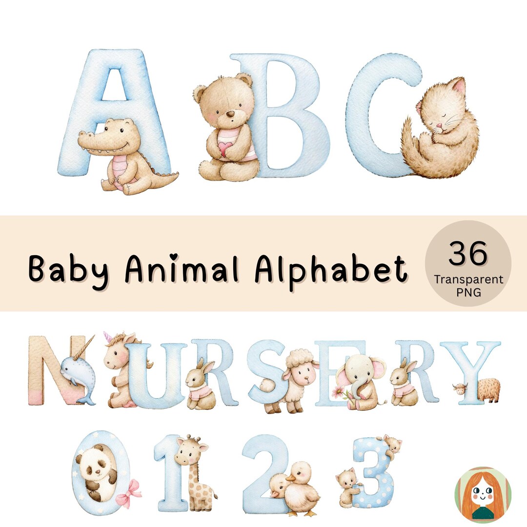 Baby Animal Alphabet Clipart Watercolor Nursery PNG Bundle - Etsy