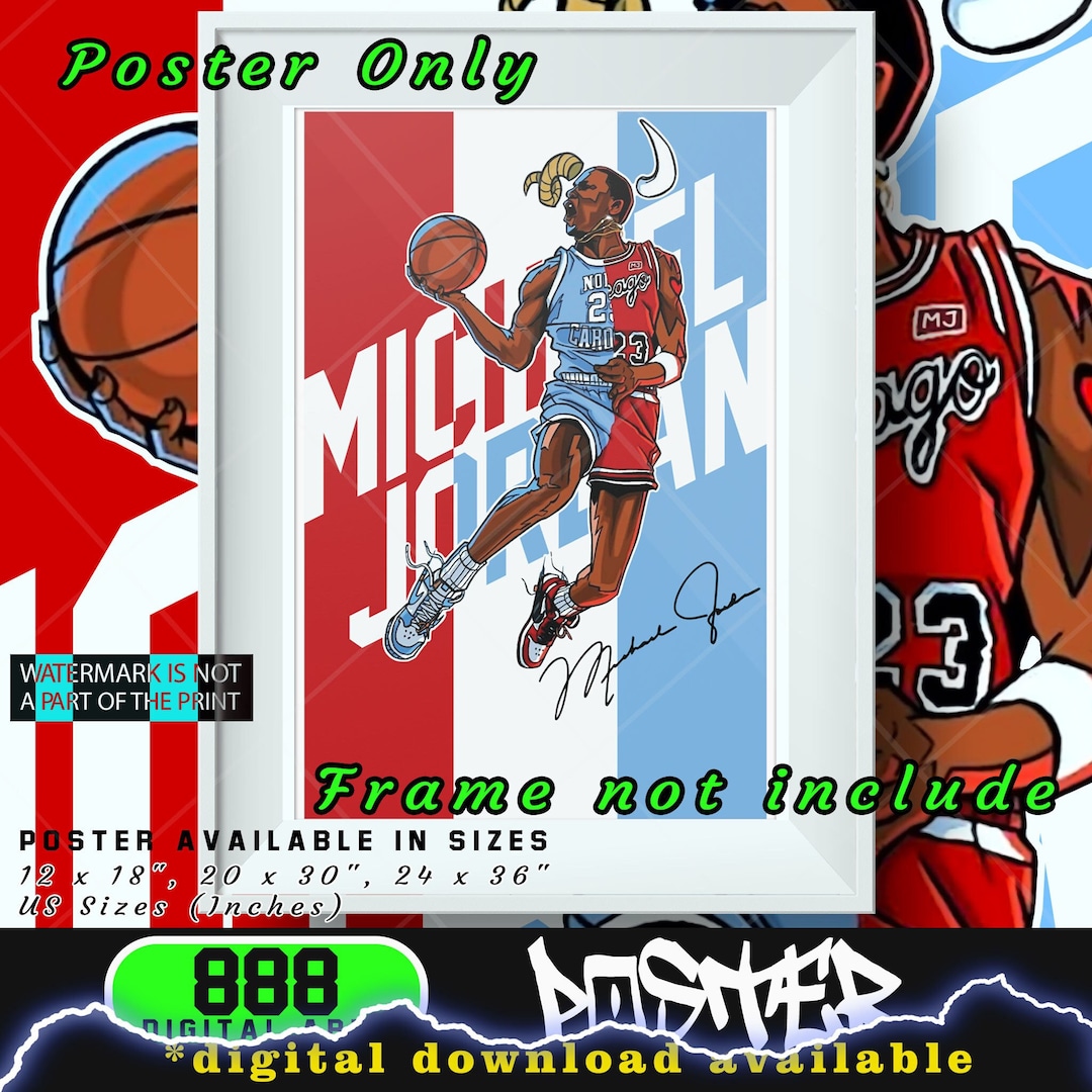 Vintage Michael Jordan Illustration Affiche Jordan UNC Chicago ...