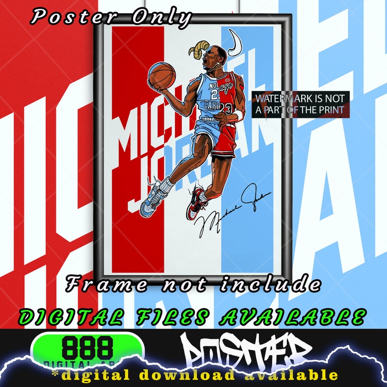 Vintage Michael Jordan Illustration Affiche Jordan UNC Chicago ...