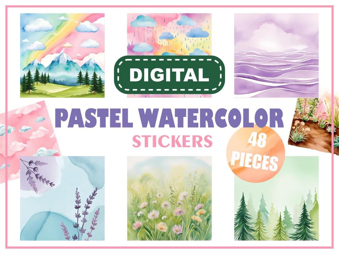 Printable Watercolor Stickers 40 Mm - 48 Pieces - Etsy
