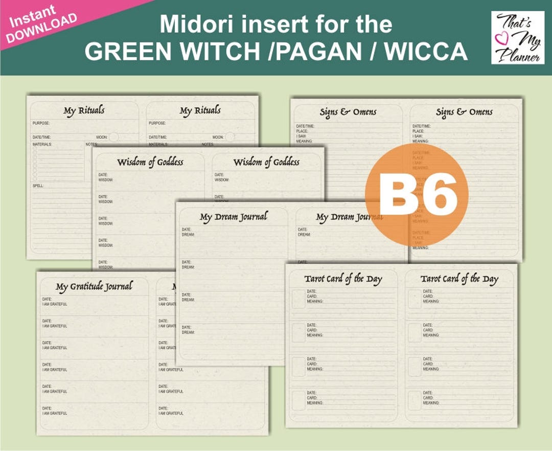 Printable Midori Insert B6 Wicca Green Witch Pagan Planner Spiritual ...