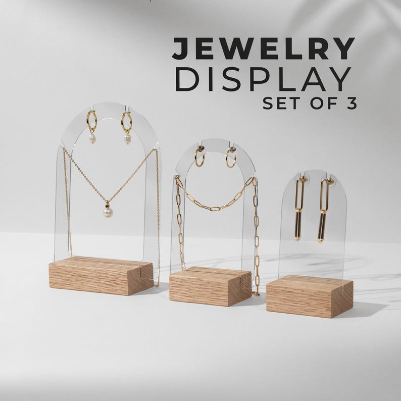Wooden Base Jewelry Display Stand: Acrylic Necklace & Earring Holder ...