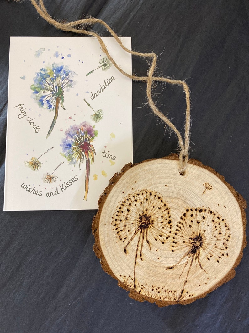 Dandelion Log Slice hanging Wooden Sign With Matching Card - Etsy