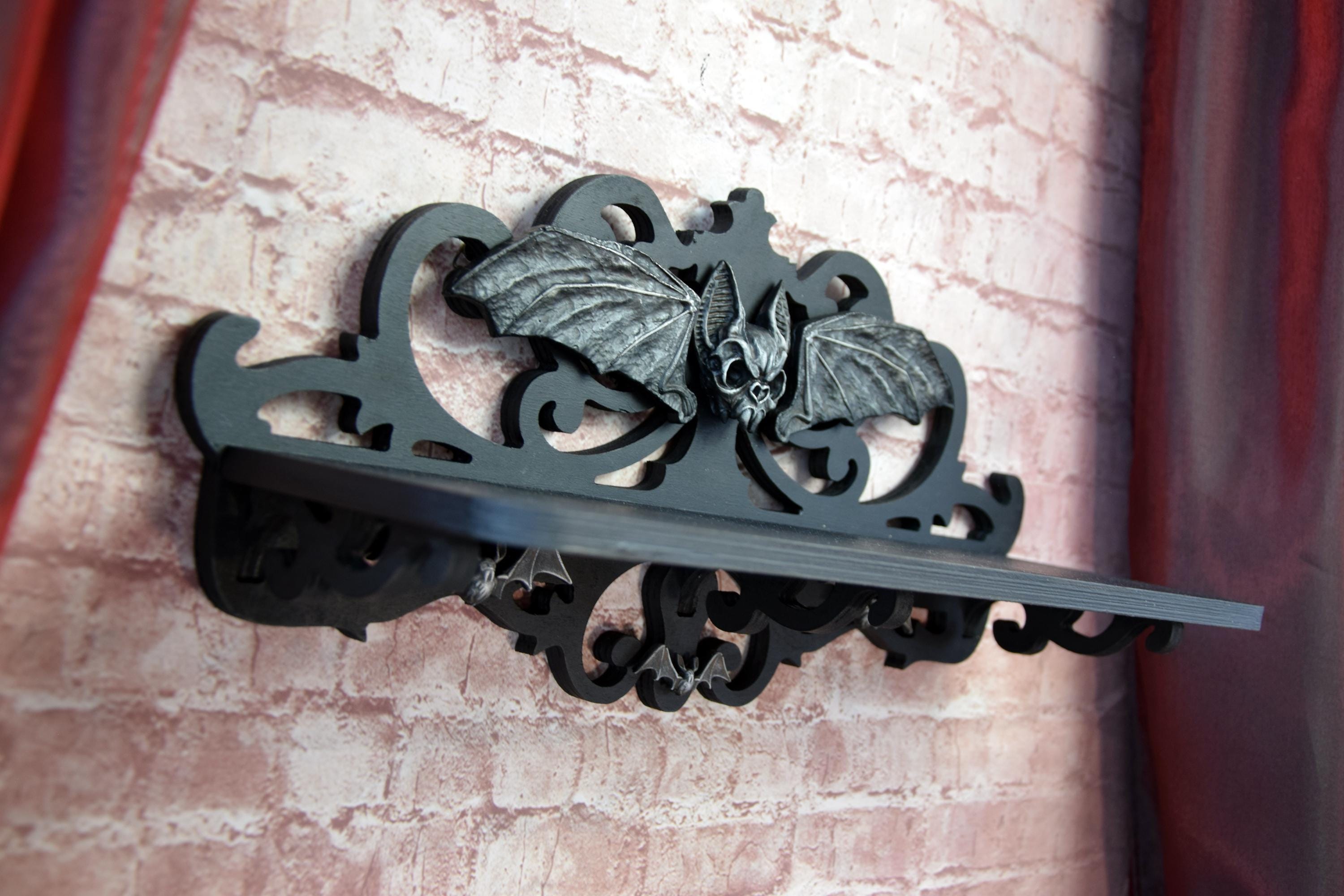 Gothic Black Wall Shelf With Skull and Bat Wings – Carved Wooden ...